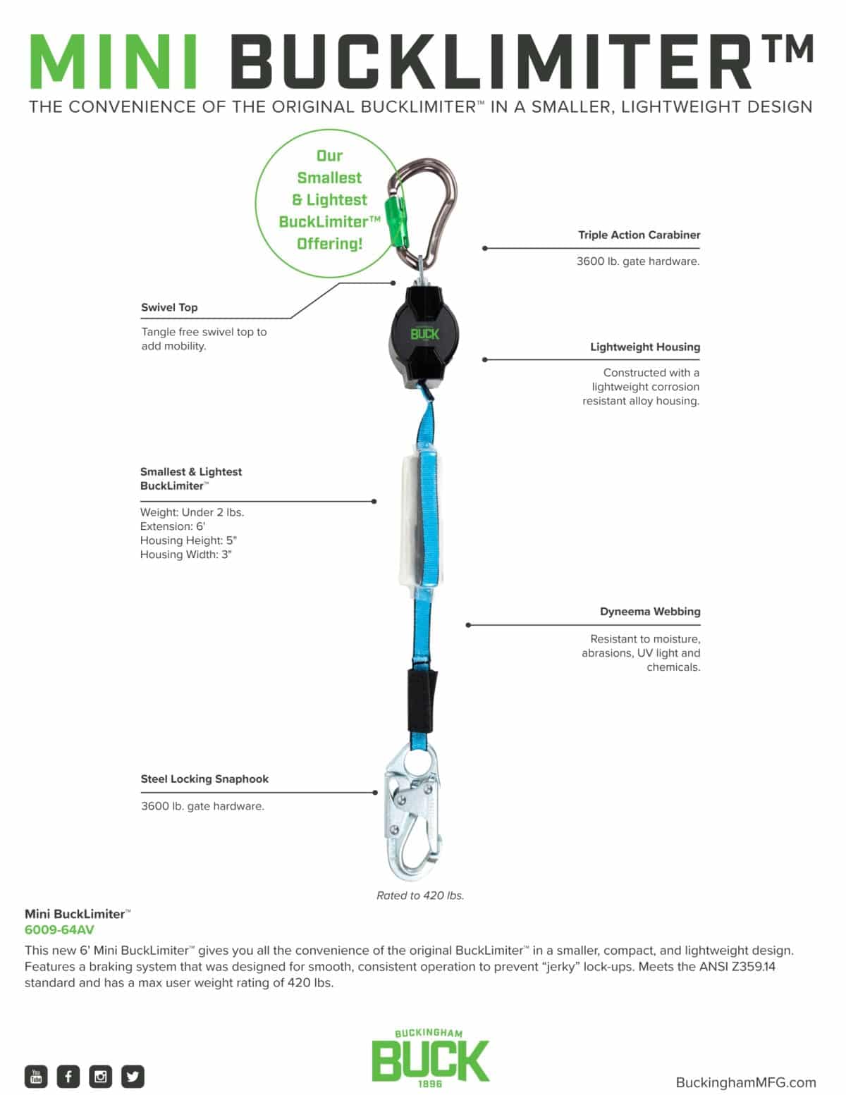 6’ Mini BuckLimiter™ with Aluminum Carabiner and Steel Snap - 6009-64AV ...