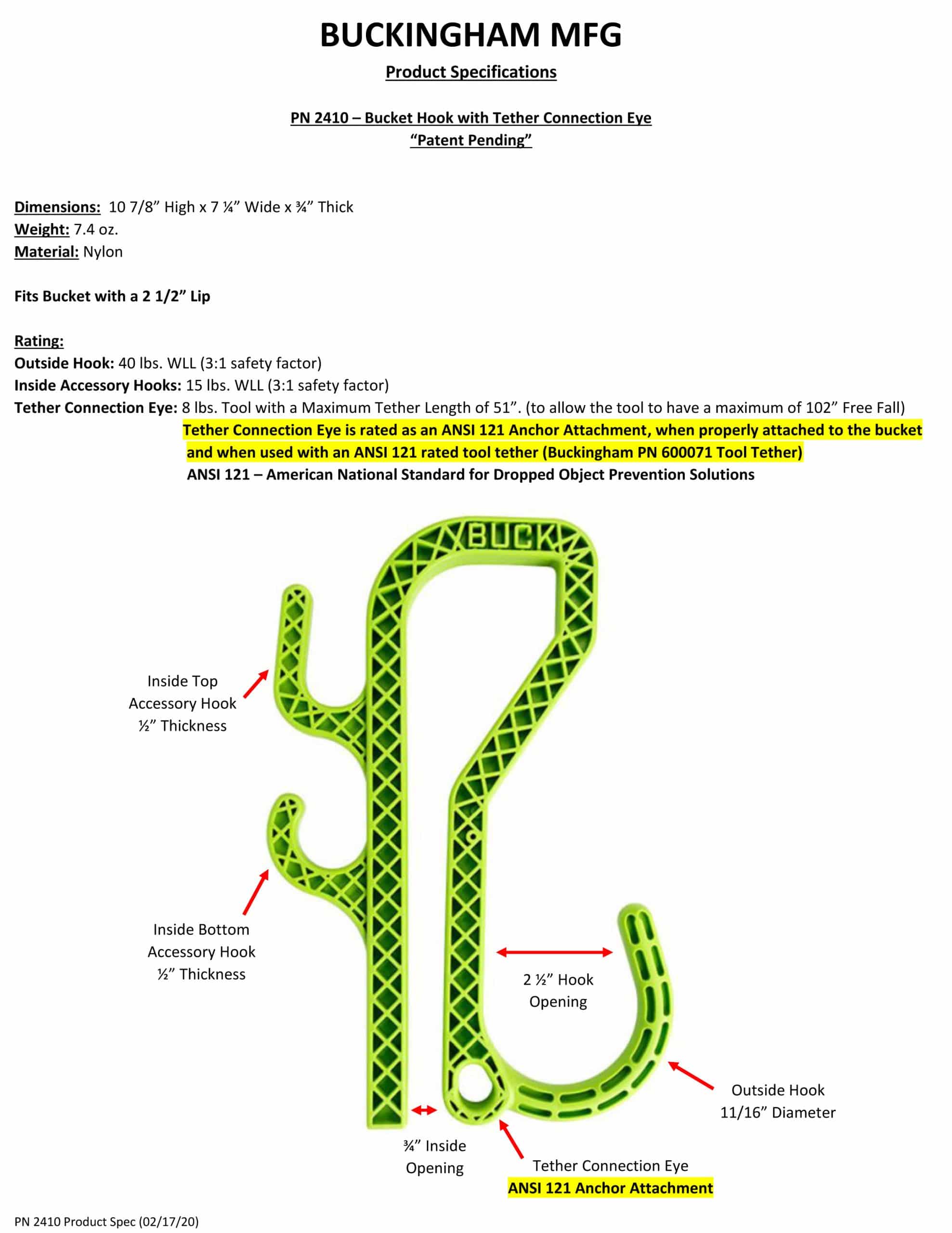 Buckeye Bucket Hook with Tether Connection Eye and Gate - 2410G/2410GT ...