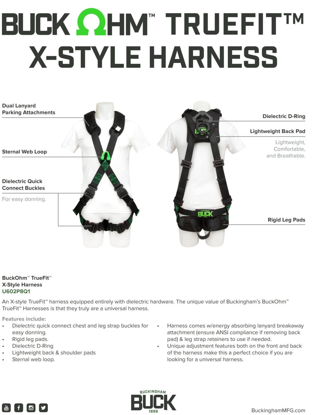 BuckOhm™ TrueFit™ X-Style Harness - U602P8Q1 - Buckingham Manufacturing