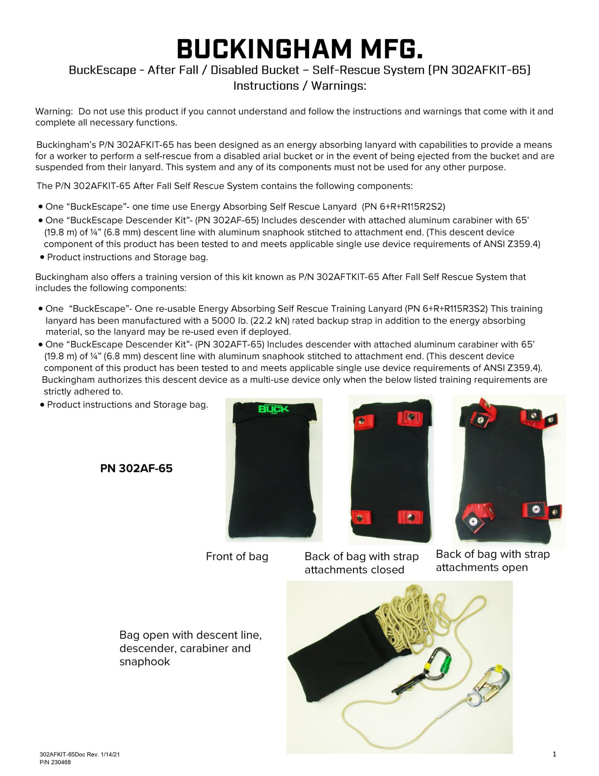 BuckEscape After Fall Instructions & Warnings - Buckingham Manufacturing