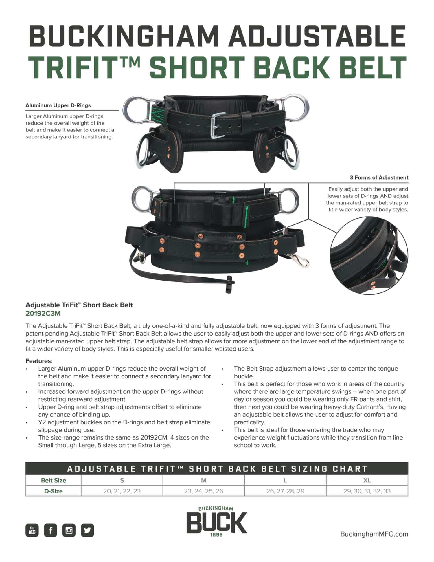Adjustable TriFit™ Short Back Belt - 20192C3M - Buckingham Manufacturing